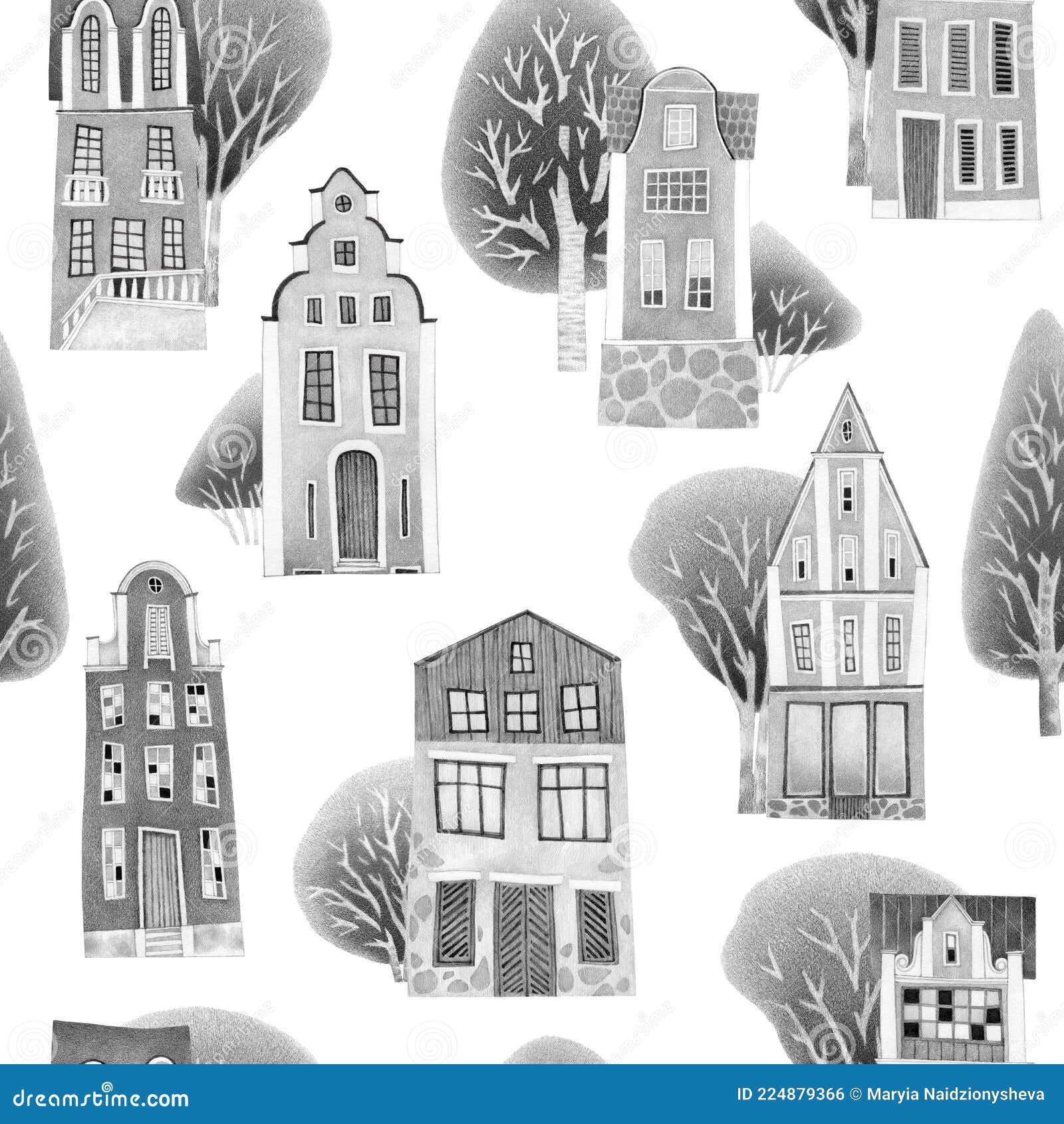 Seamless Pattern of Old Buildings Trees and Bushes Drawn in Pencil ...