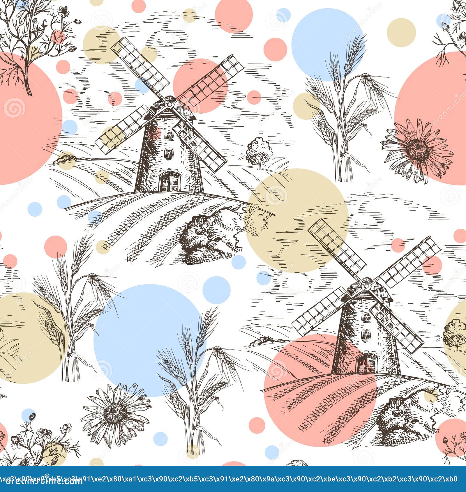 Seamless Pattern with Old Mill and Wheat Ears. Rustic Background Stock ...