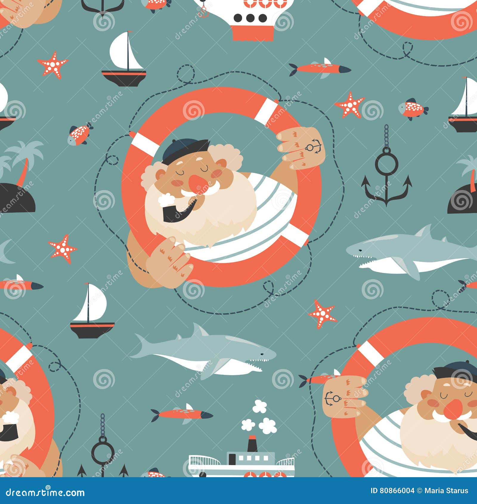 Seamless Pattern with Old Sailor,lifebuoy,fish,vessel and Anchor Stock ...