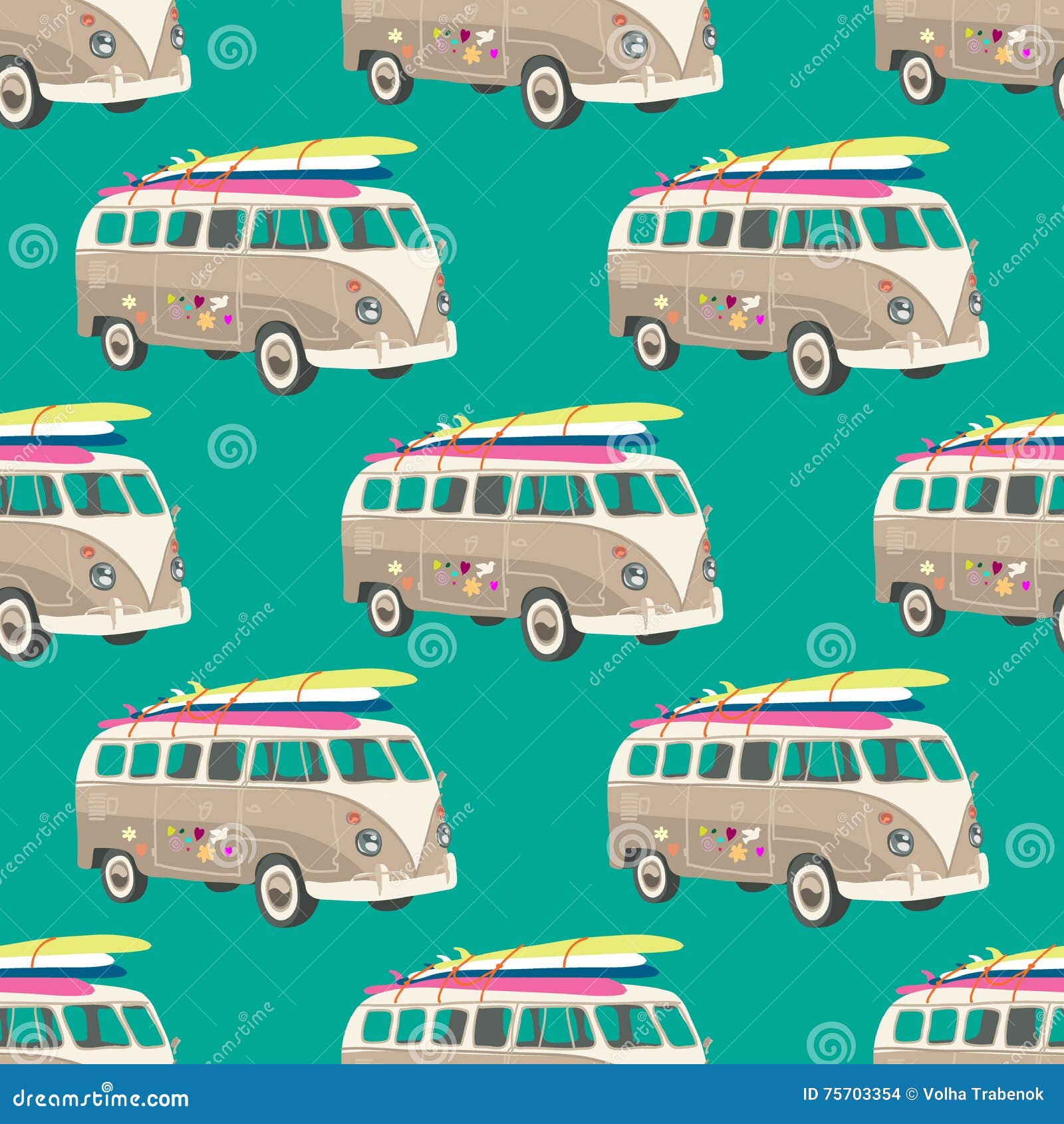 Seamless Pattern with Old Van with Surfboard. Retro Pattern Stock ...