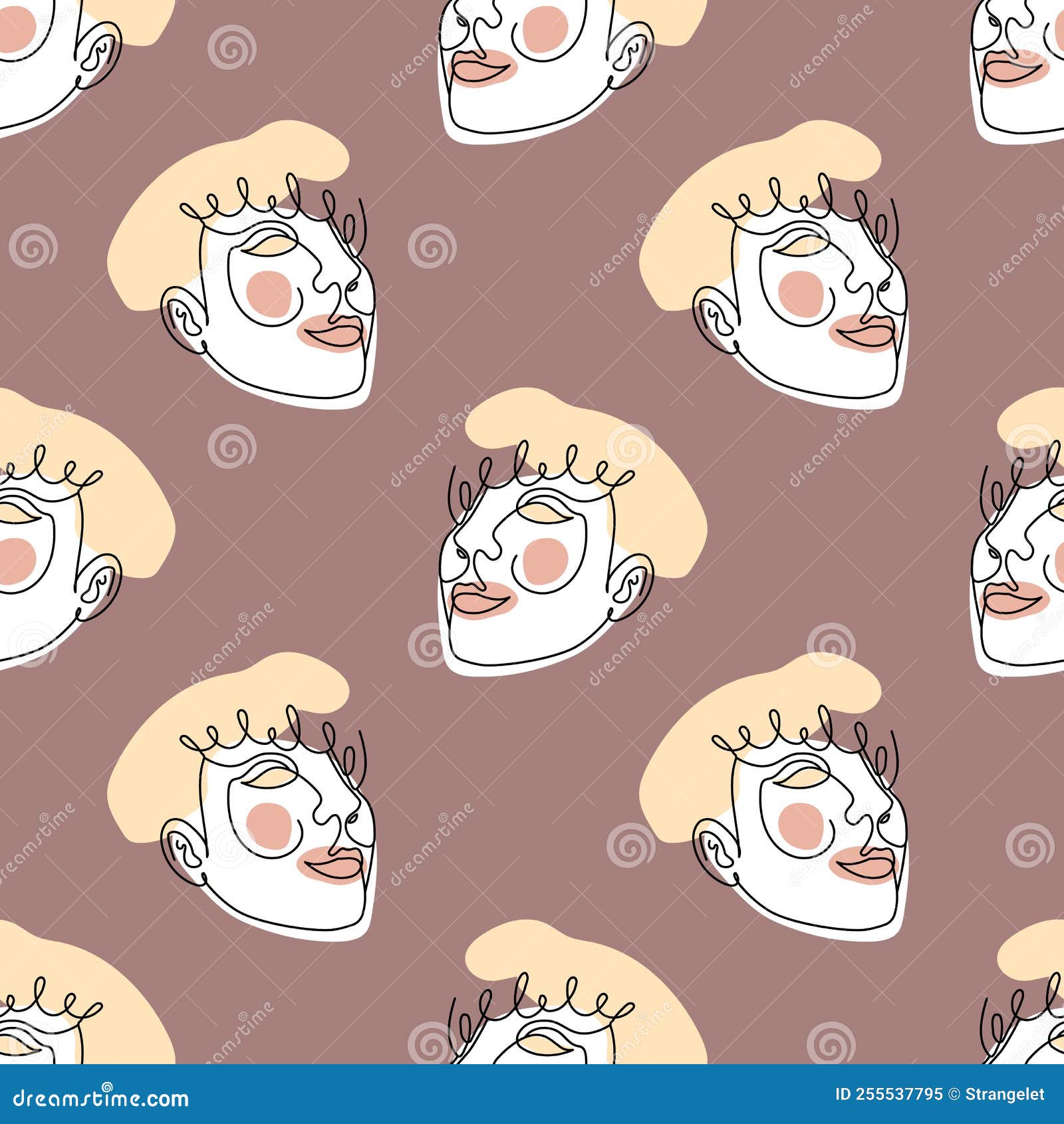 Seamless Pattern with One Single Line Drawings of Female Face and ...