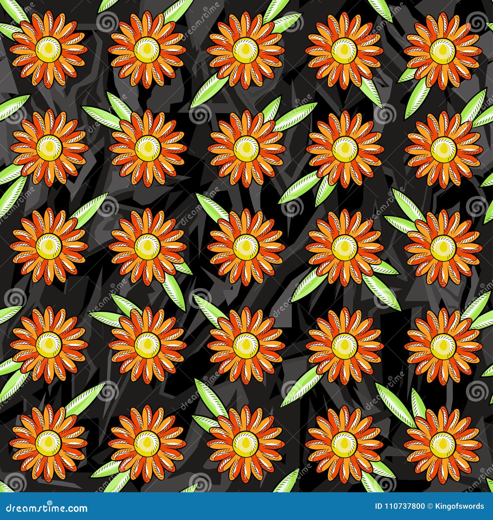 Seamless Pattern of Orange Daisies on a Black Gray Background of Harsh ...