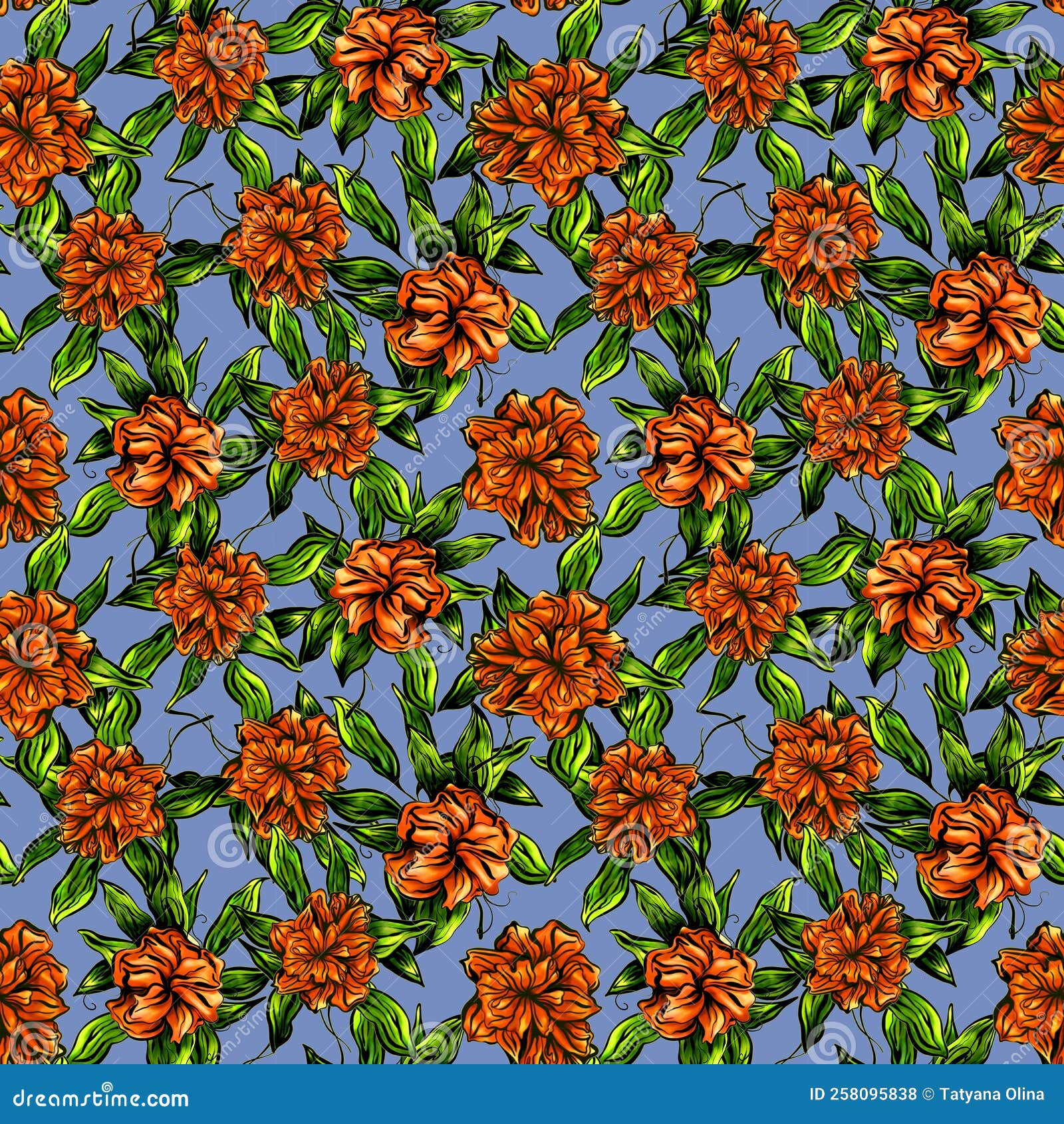 Seamless Pattern with Orange Flowers on a Blue Background Stock Photo ...