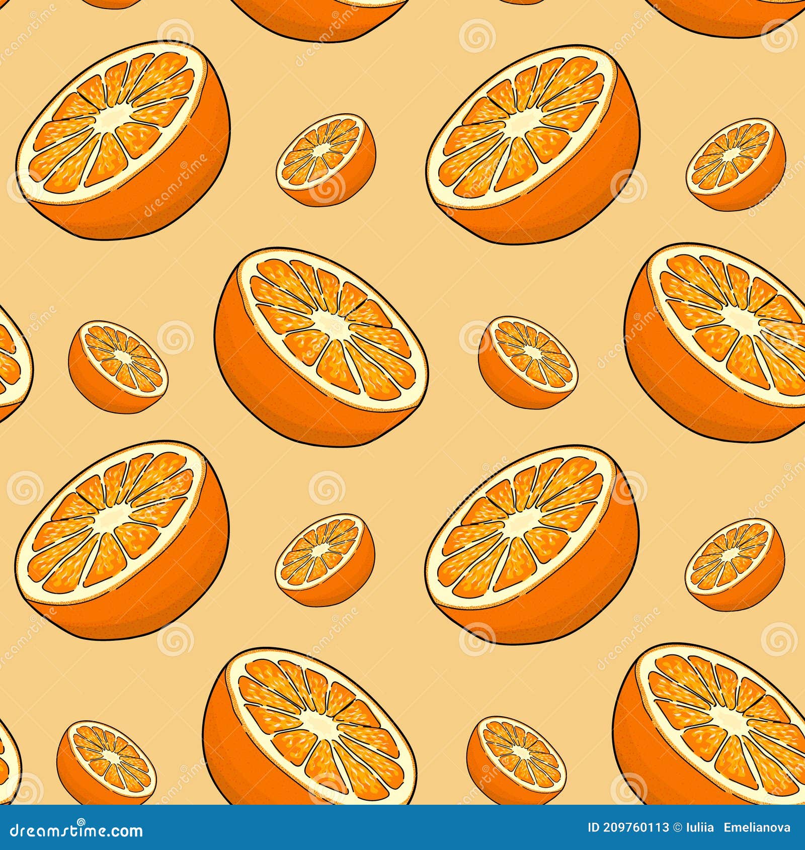 Seamless Pattern of Oranges on a Light Orange Background. Hand Drawing ...