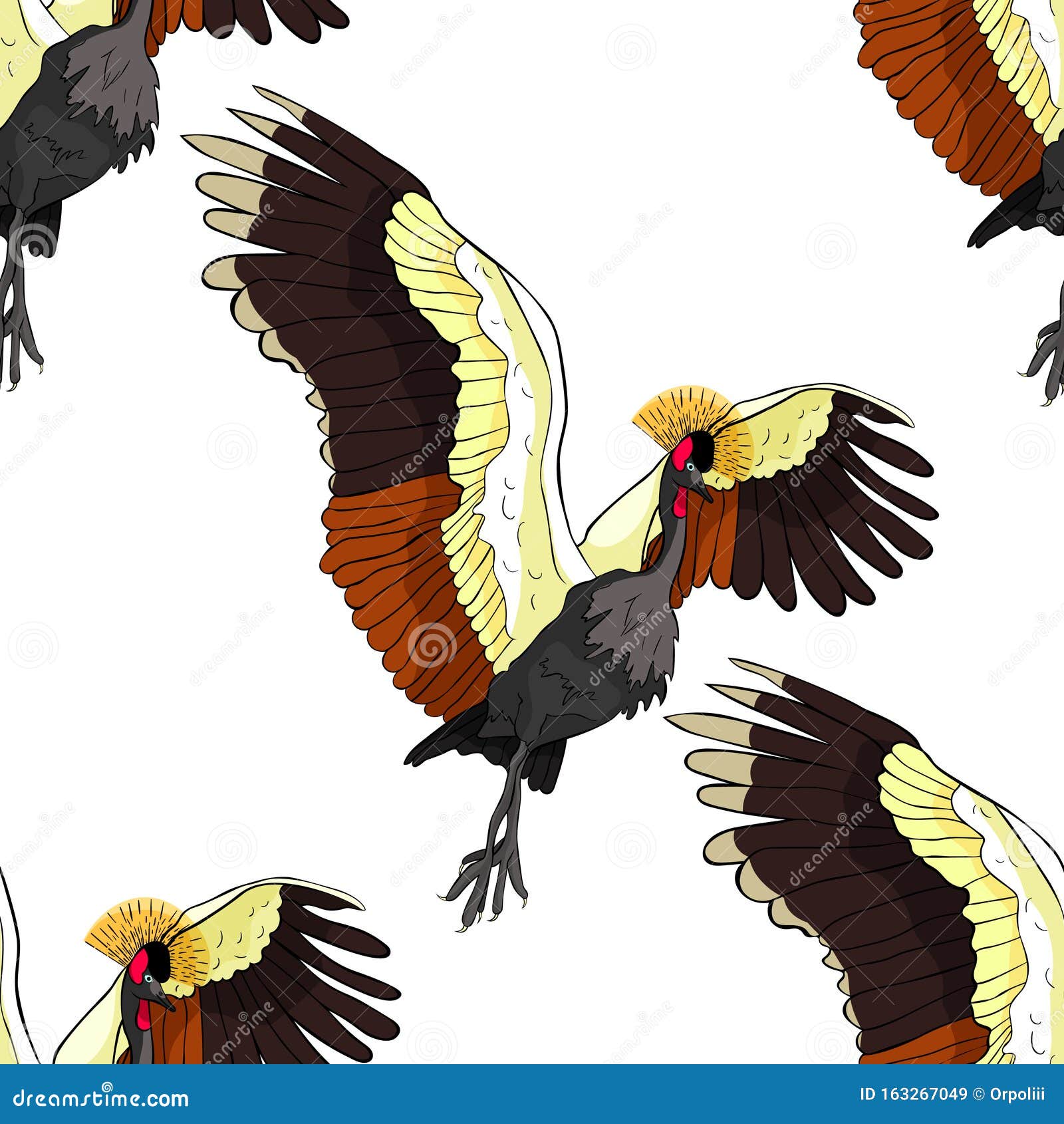 Seamless Pattern Oriental Crowned Crane Spread Its Wings. Vector ...