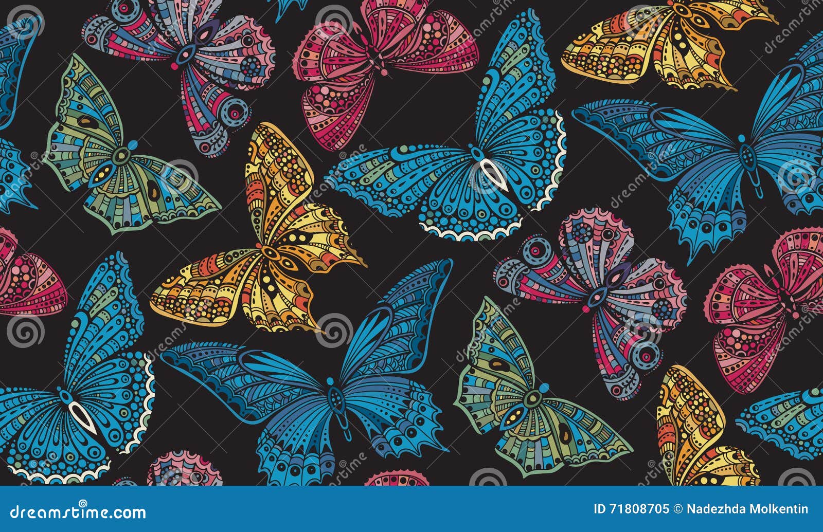 Seamless Pattern with Ornate Doodle Hand Drawn Butterflies. Stock ...