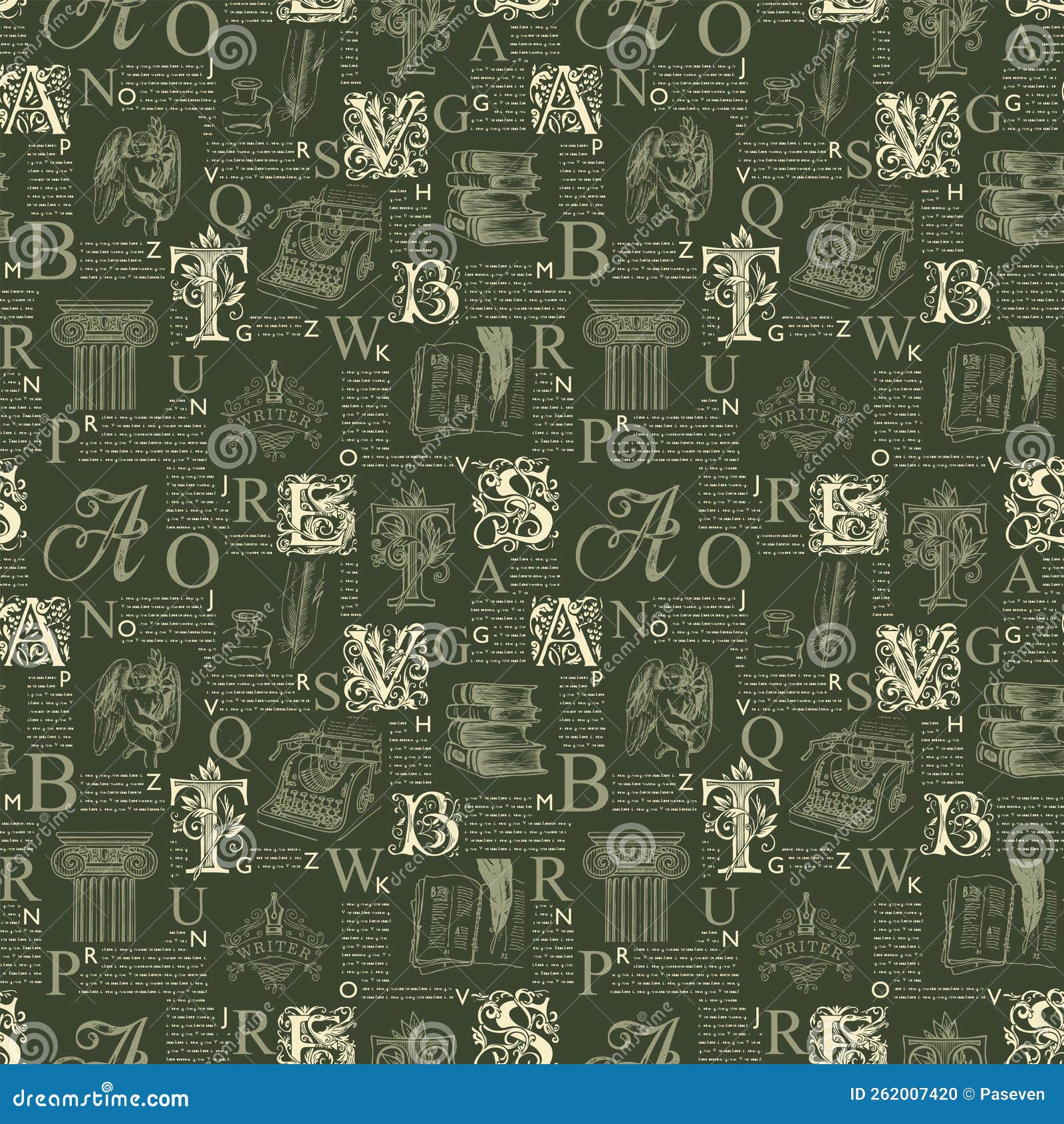 Seamless Pattern with Ornate Initial Letters and Literary Illustrations ...