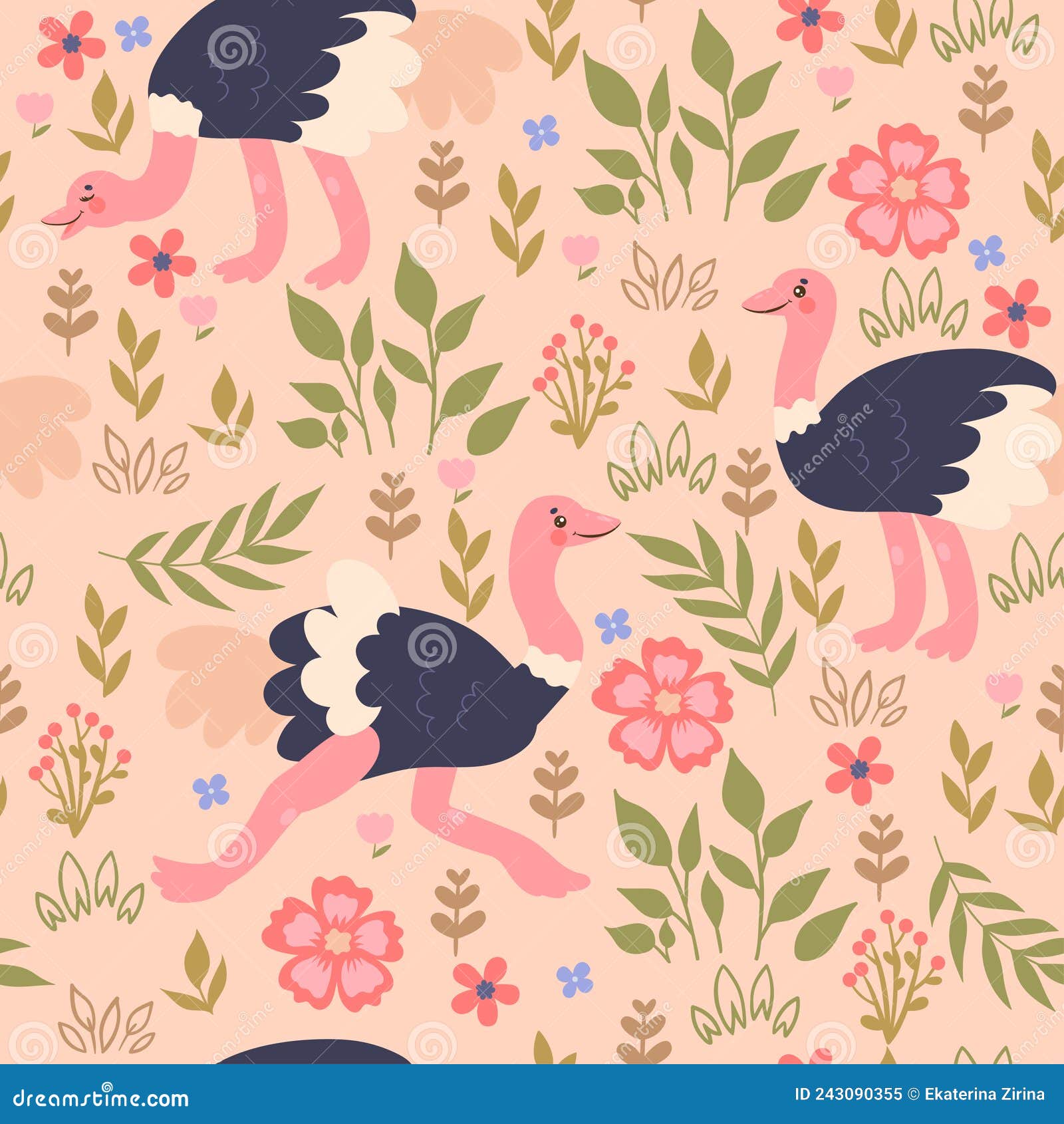 Seamless Pattern with Ostriches and Flowers. Vector Graphics Stock ...