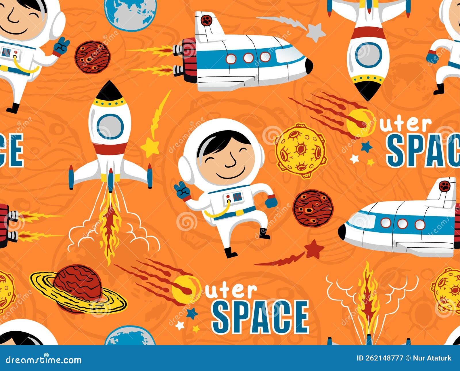Seamless Pattern of Outer Space Elements Cartoon with Little Astronaut ...