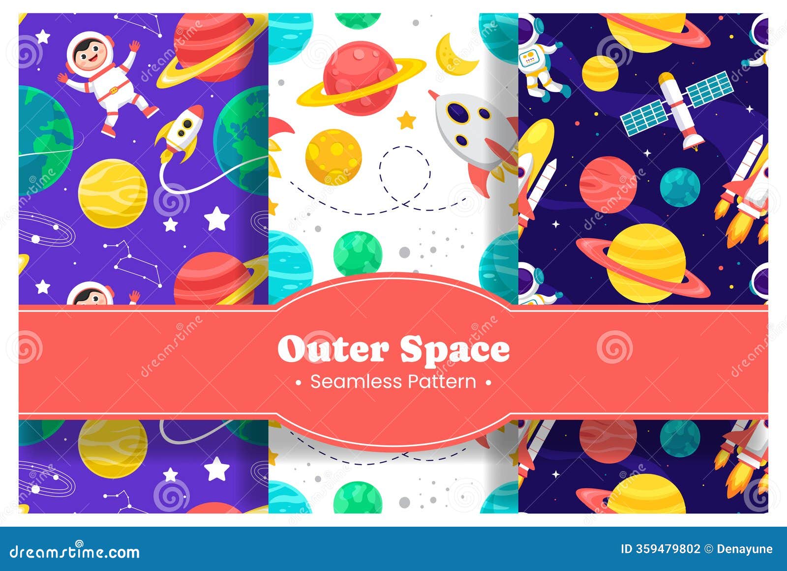 Seamless Pattern of Outer Space Exploration with Floating Astronaut and Planets in Cartoon Flat ...