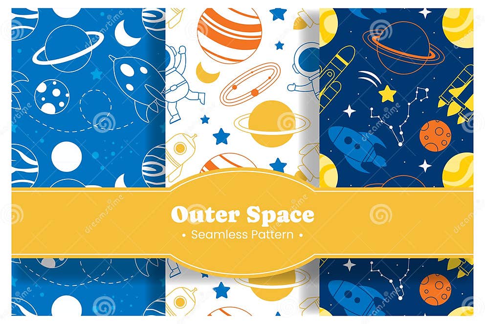 Seamless Pattern of Outer Space Exploration with Floating Astronaut and Planets in Cartoon Flat ...