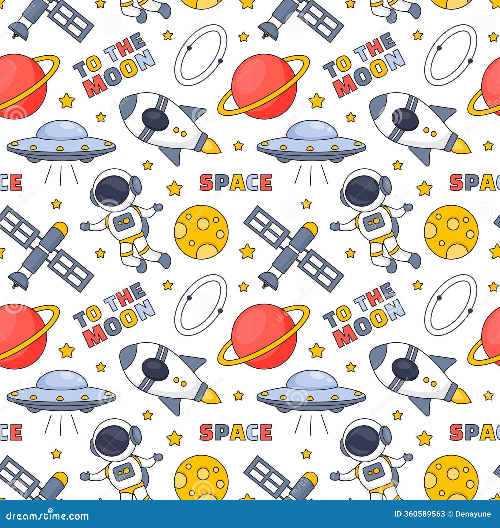 Seamless Pattern of Outer Space Exploration with Floating Rocket and Planets in Cartoon Flat ...