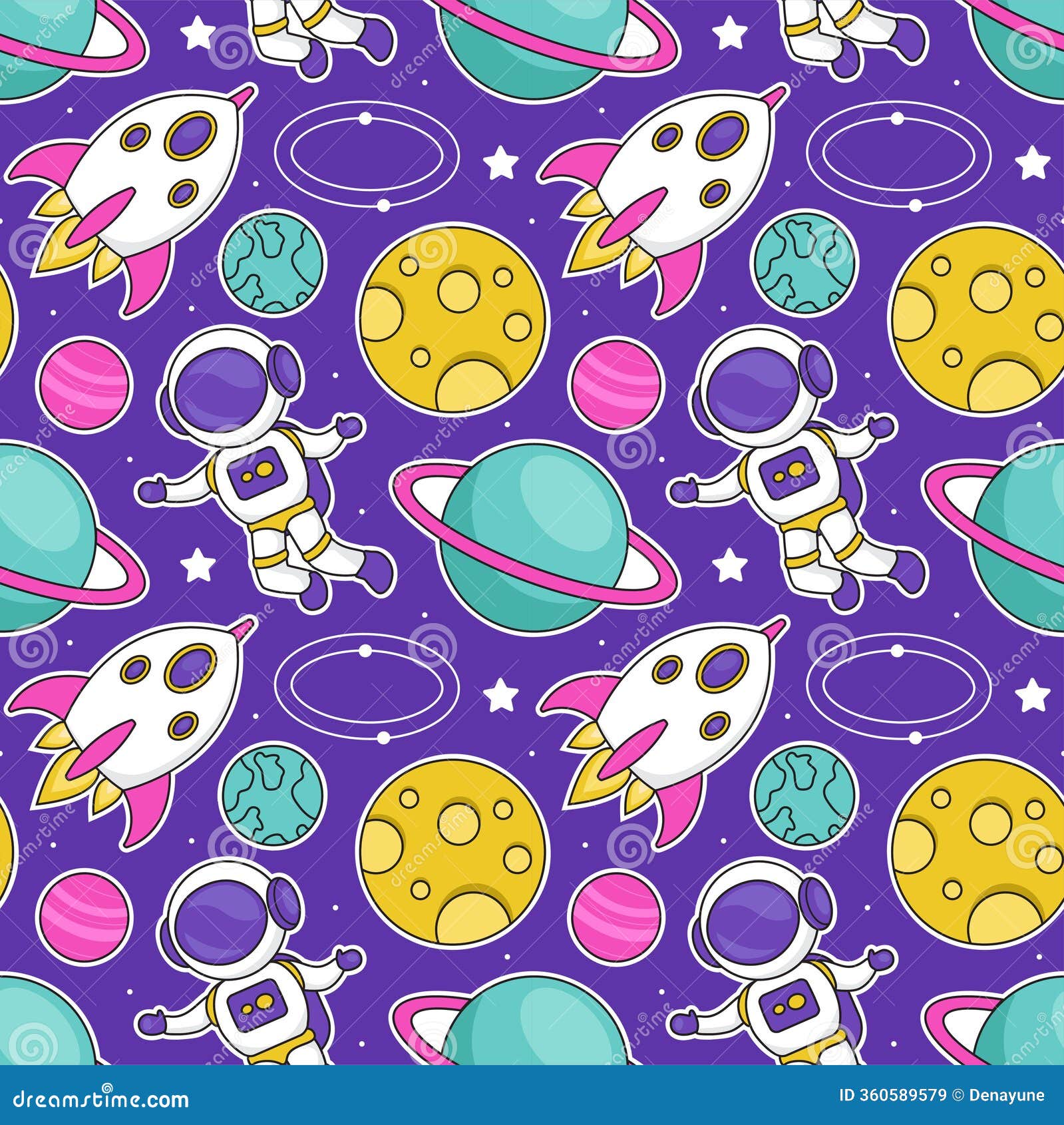 Seamless Pattern of Outer Space Exploration with Floating Rocket and Planets in Cartoon Flat ...