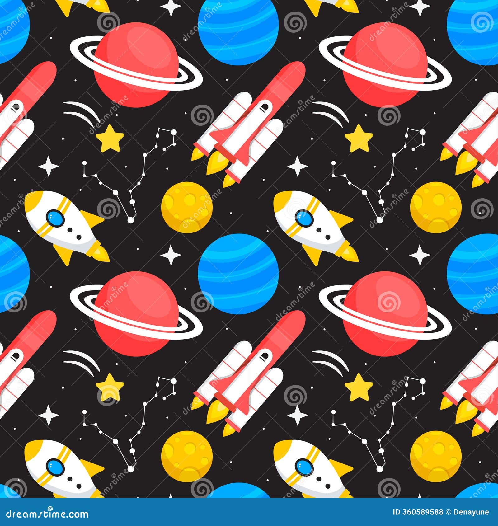 Seamless Pattern of Outer Space Exploration with Floating Rocket and Planets in Cartoon Flat ...