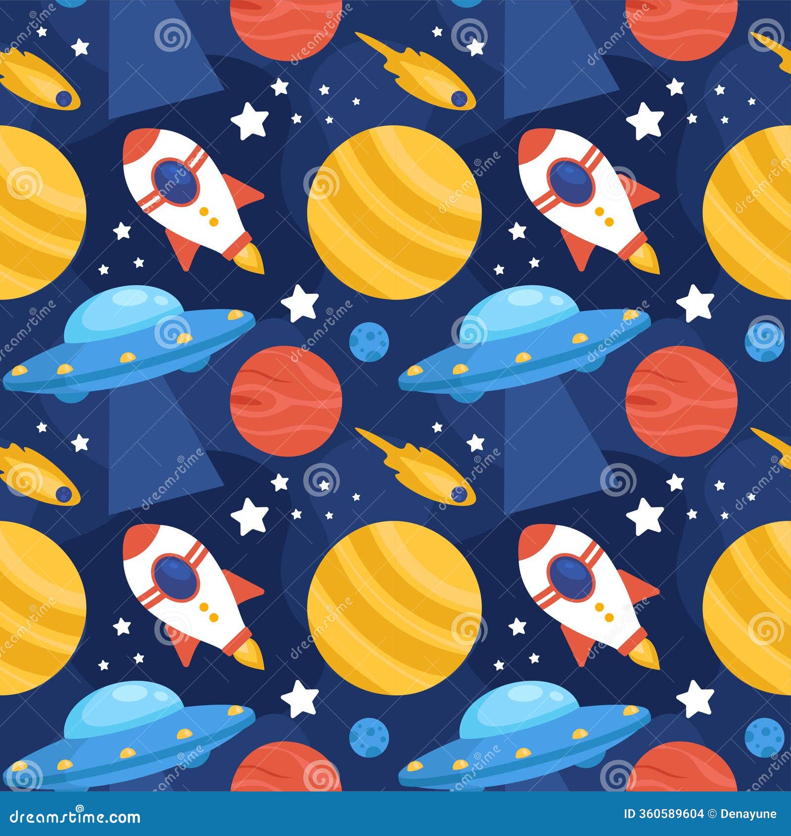Seamless Pattern of Outer Space Exploration with Floating Rocket and Planets in Cartoon Flat ...