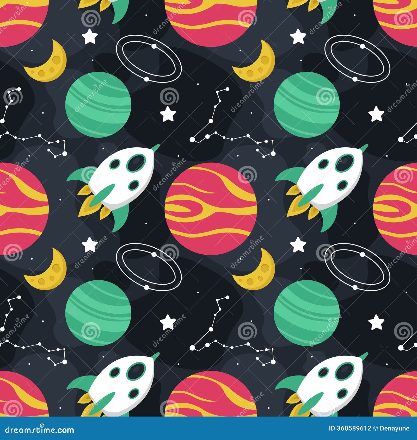 Seamless Pattern of Outer Space Exploration with Floating Rocket and Planets in Cartoon Flat ...