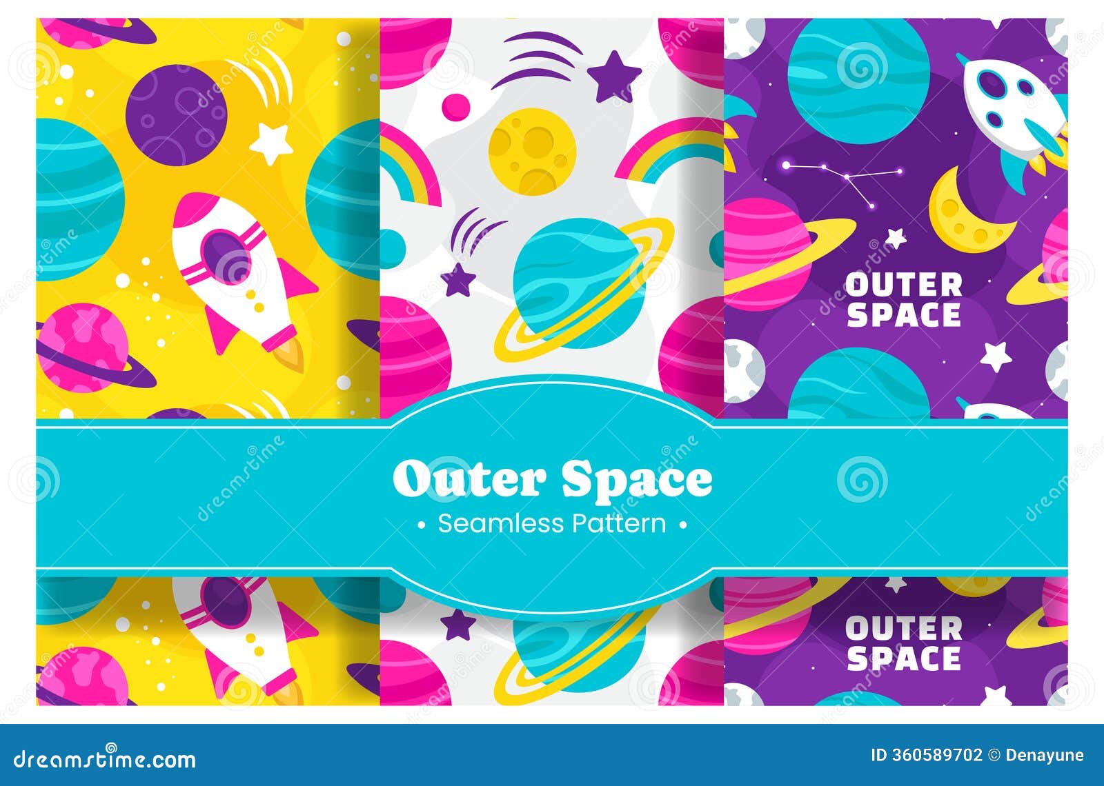 Seamless Pattern of Outer Space Exploration with Floating Rocket and Planets in Cartoon Flat ...