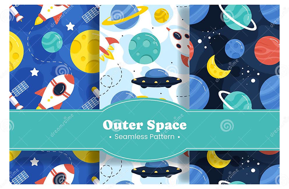 Seamless Pattern of Outer Space Exploration with Floating Rocket and Planets in Cartoon Flat ...