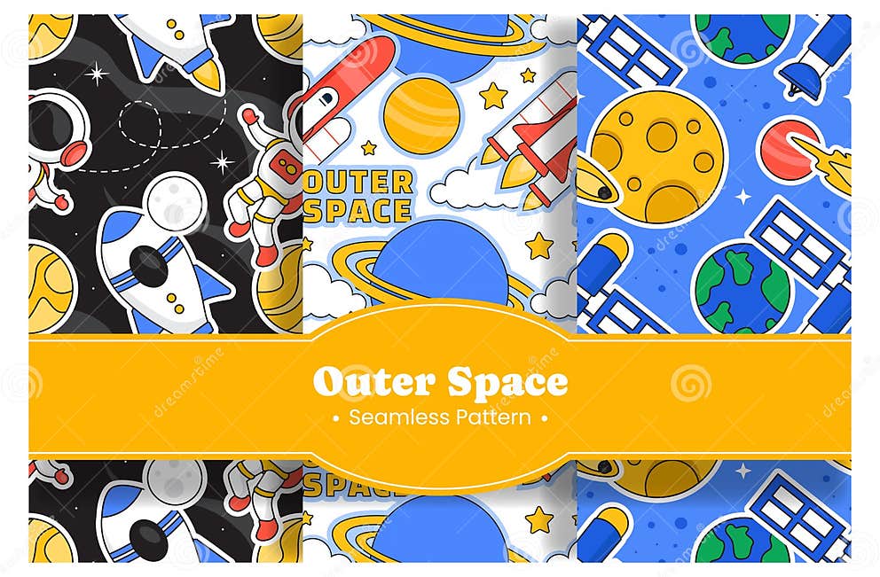 Seamless Pattern of Outer Space Exploration with Floating Rocket and Planets in Cartoon Flat ...