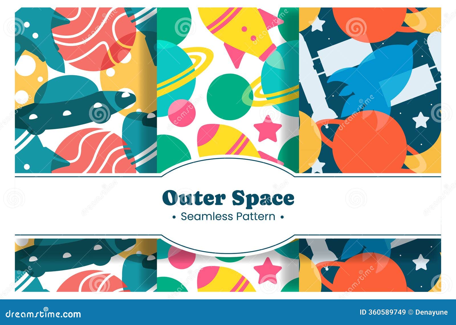 Seamless Pattern of Outer Space Exploration with Floating Rocket and Planets in Cartoon Flat ...