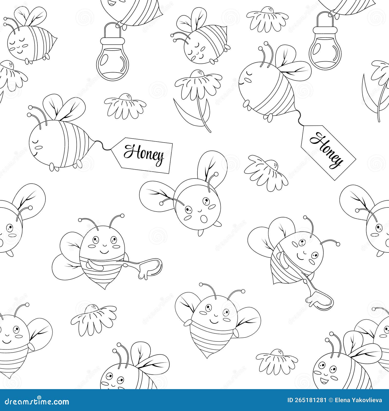 Seamless Pattern Outline of Bees on White Background. Vector Stock ...