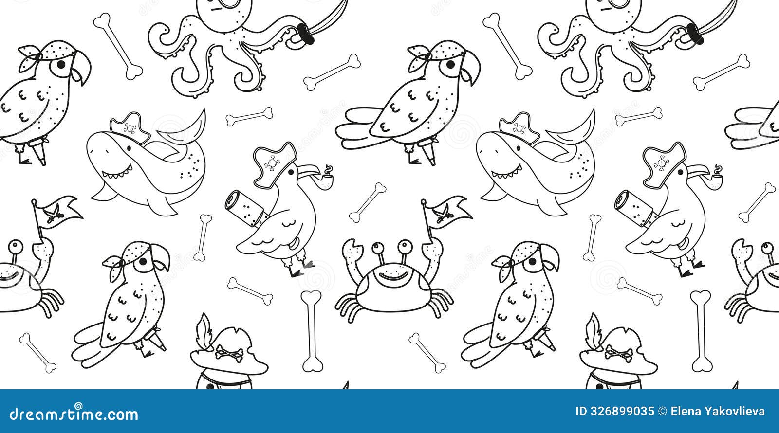 Seamless Pattern Outline Characters Pirate Octopus Parrot Shark Crab ...