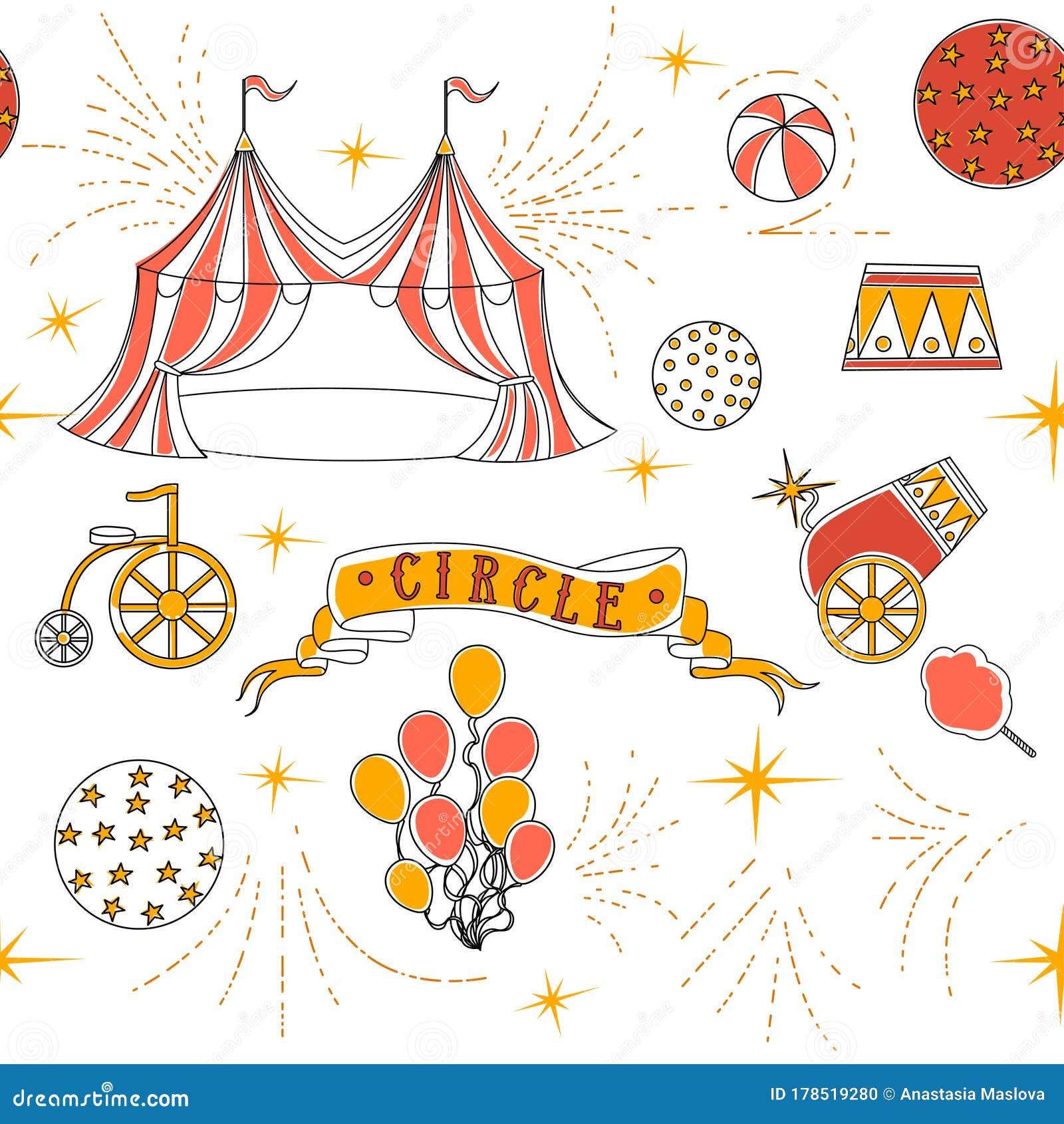 Seamless Pattern Outline Circus Icons Collection Linear Style Flat ...