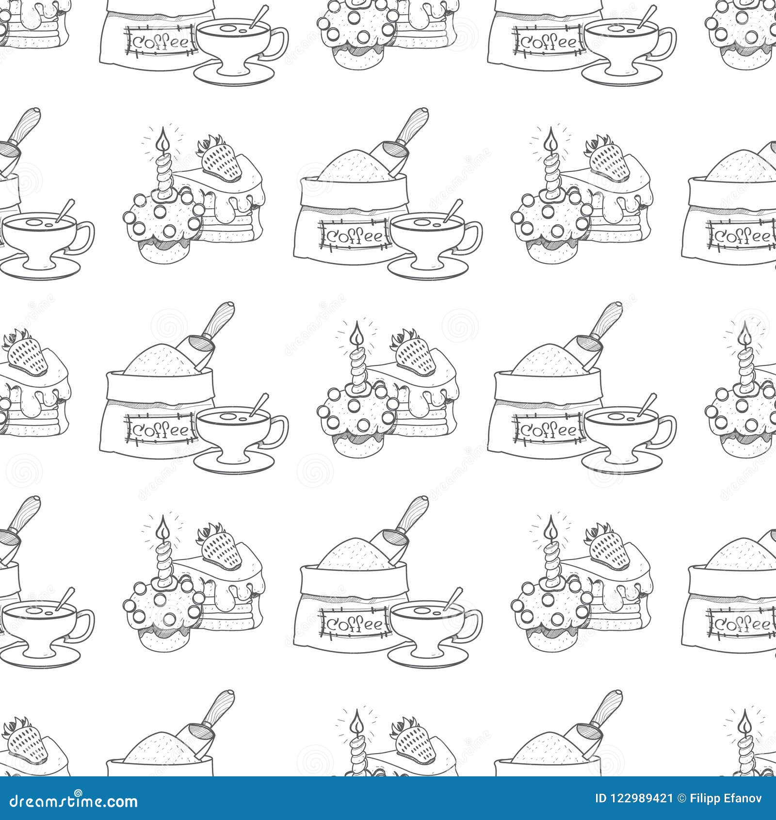 Seamless Pattern with Outline Drawings on the Theme of Coffee. Cakes ...