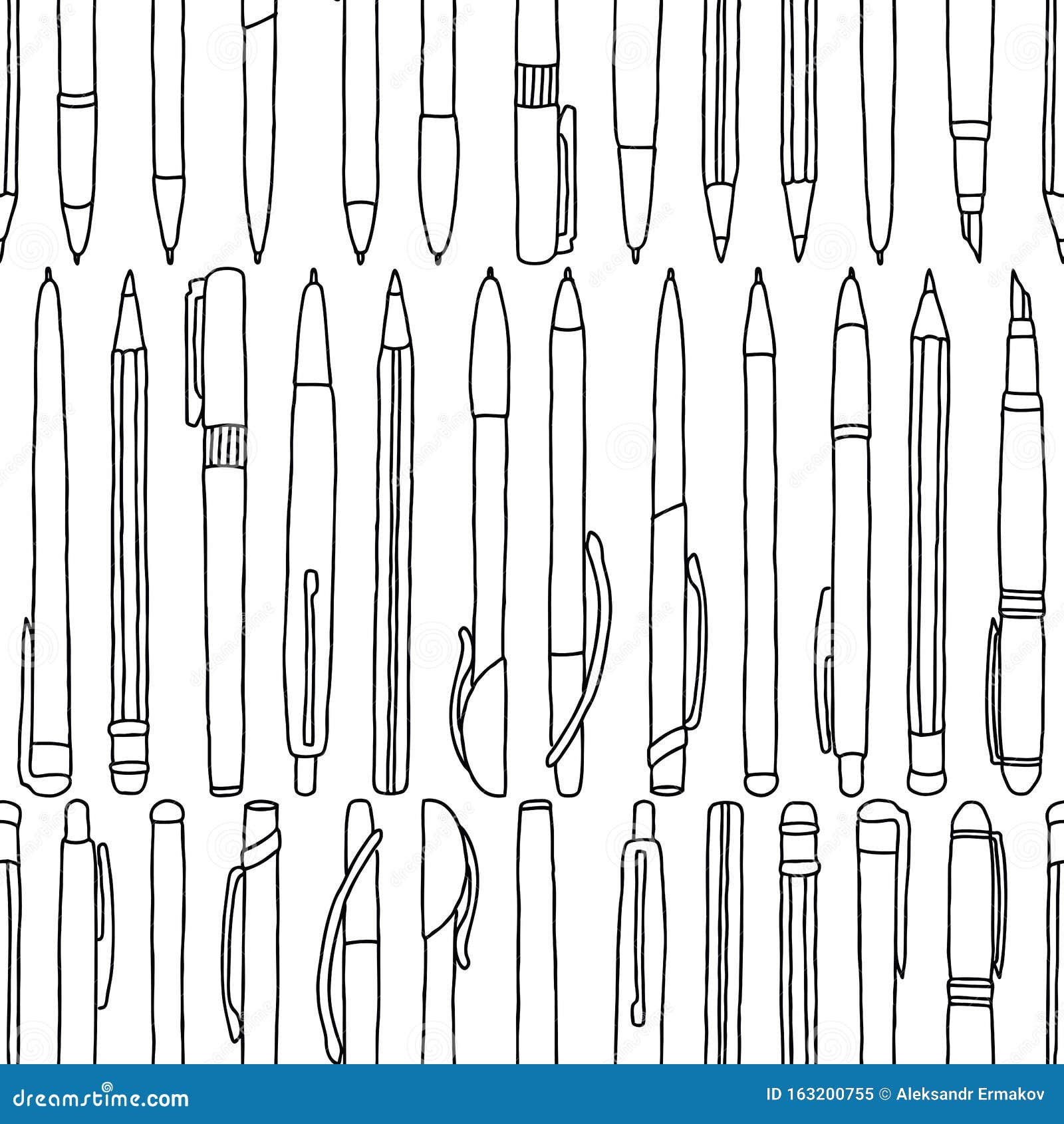 Seamless Pattern of Outlines Various Pens and Pencils Stock Vector ...