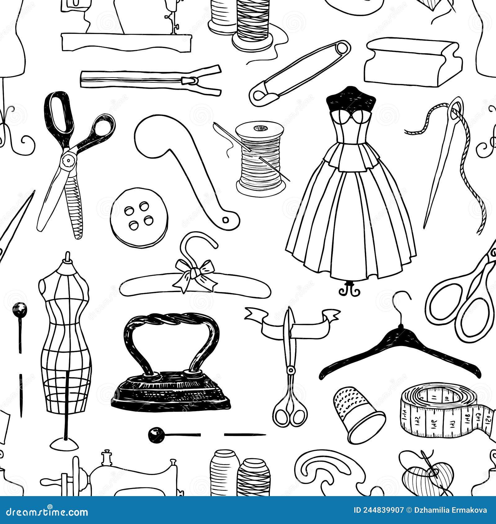 Seamless Pattern of Outlines Various Tools and Equipment for Sewing ...