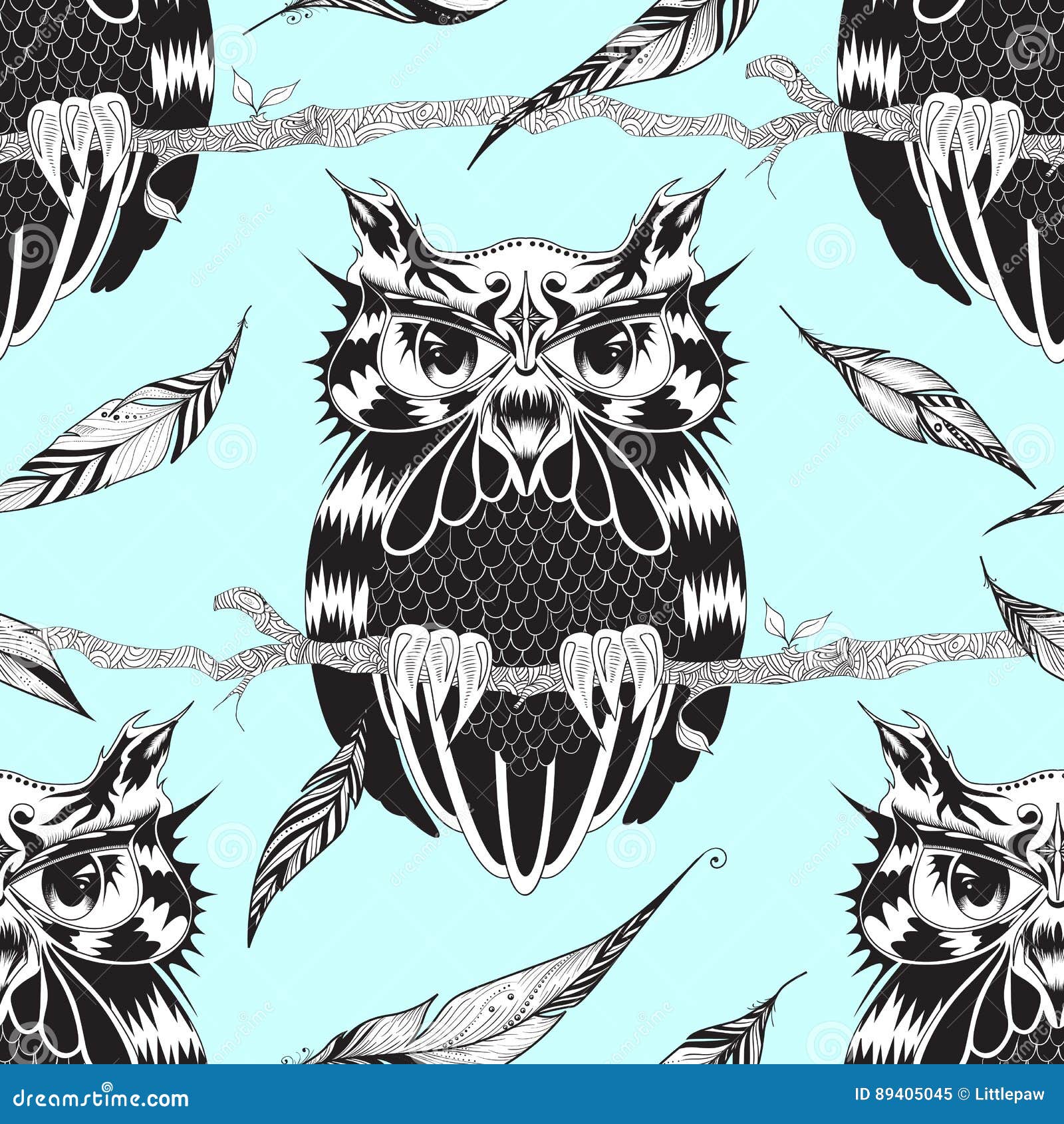 Seamless Pattern with Owl and Feathers. Texture for Wallpapers, Stock ...