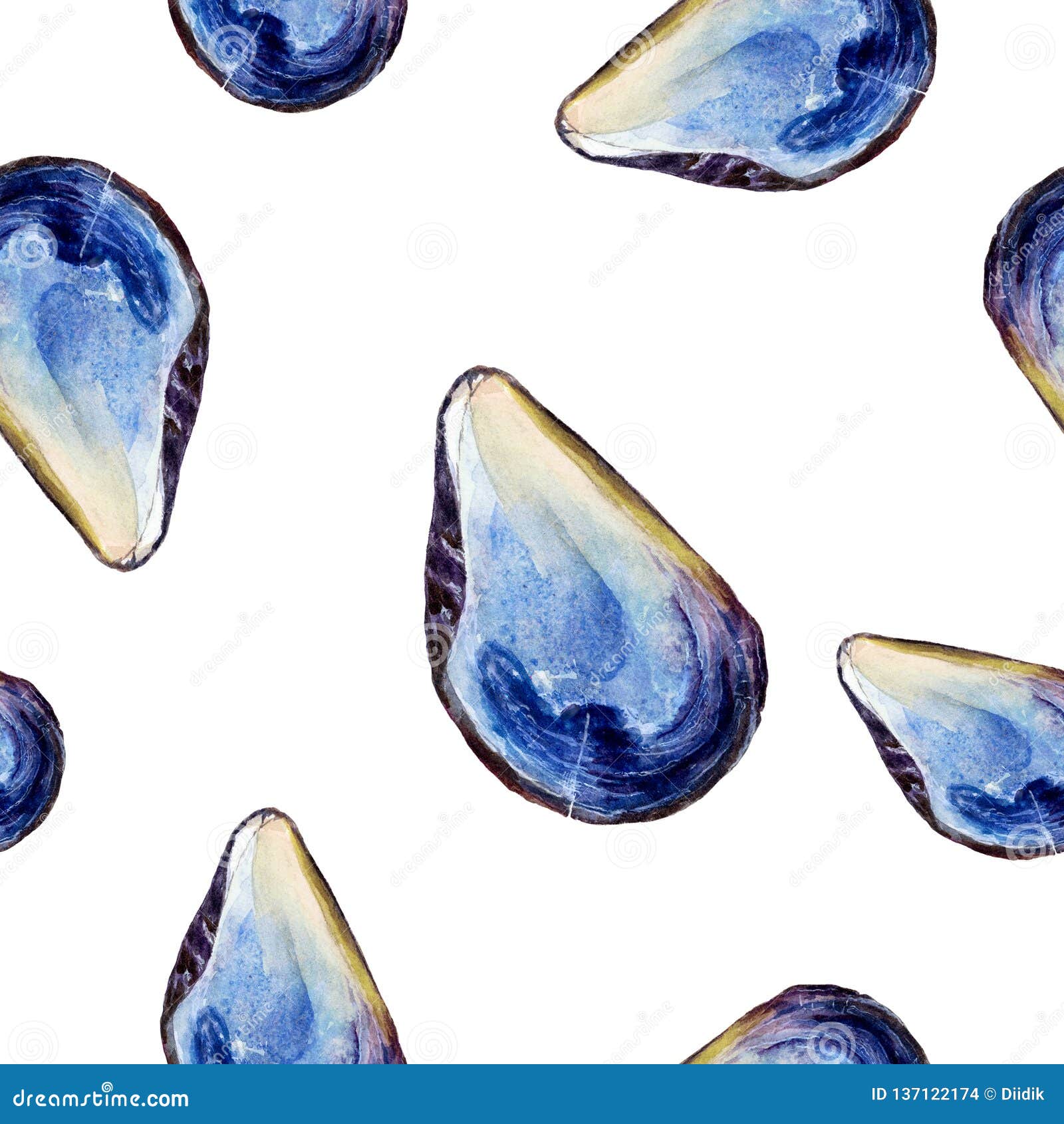 Watercolor Hand Drawn Oyster Isolated Seamless Pattern. Stock ...