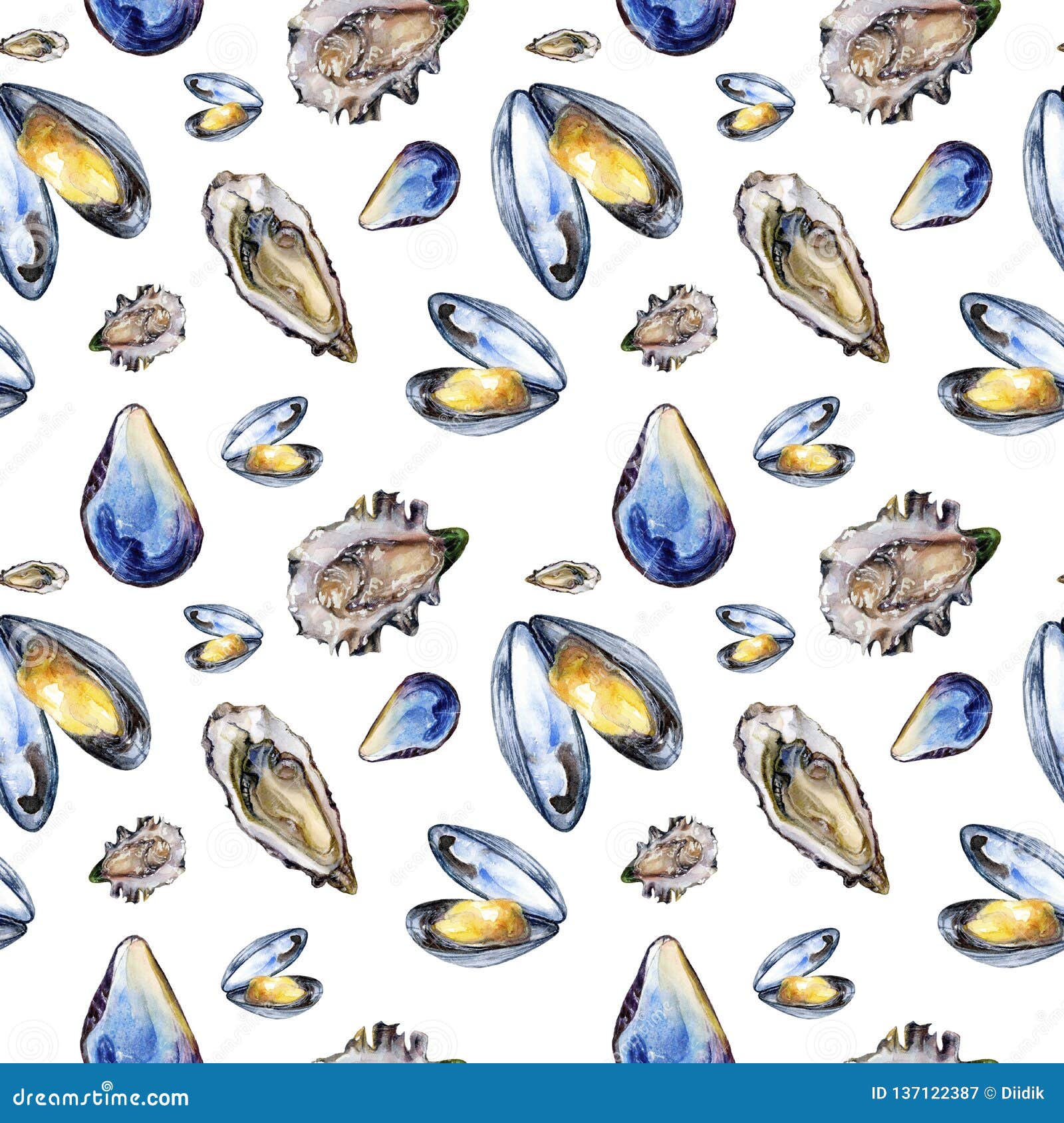 Watercolor Hand Drawn Oyster Isolated Seamless Pattern. Stock ...