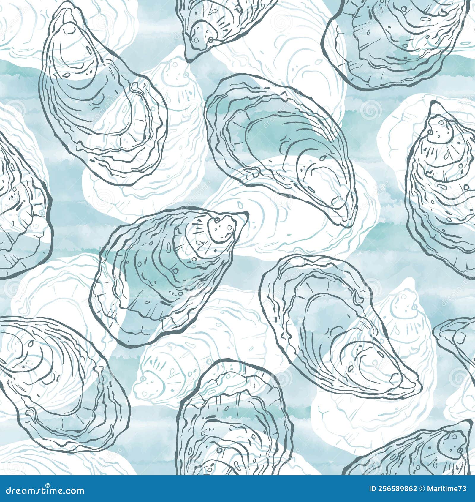 Seamless Pattern with Oysters on Blue Watercolor Background. Food ...