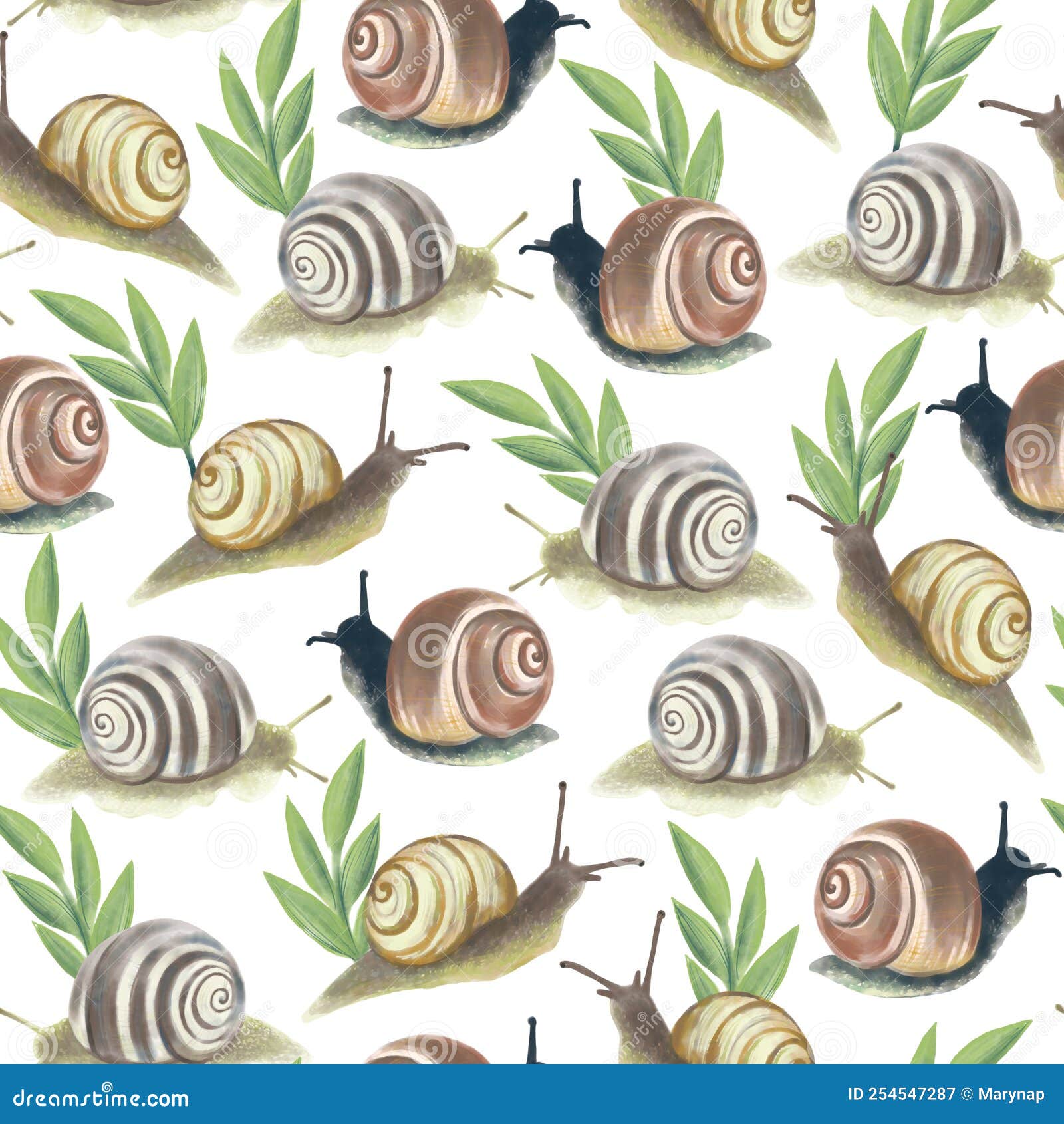 Seamless Pattern with Painted Snails and Green Twigs on a White ...