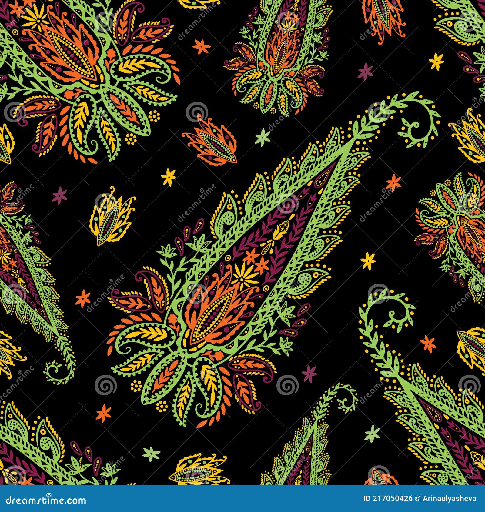 Seamless Pattern Paisley Ornament Folk Flower Floral Motif Rustic
