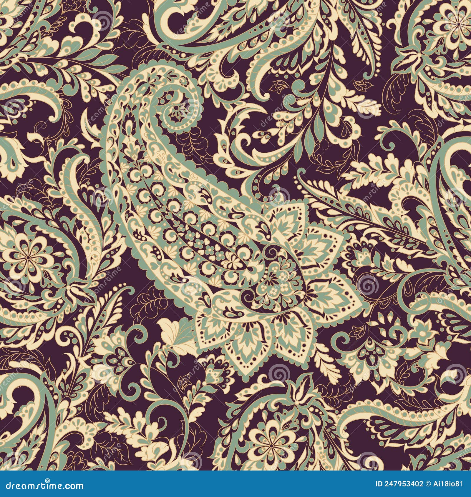 Seamless Pattern with Paisley Ornament. Vector Illustration. Stock ...