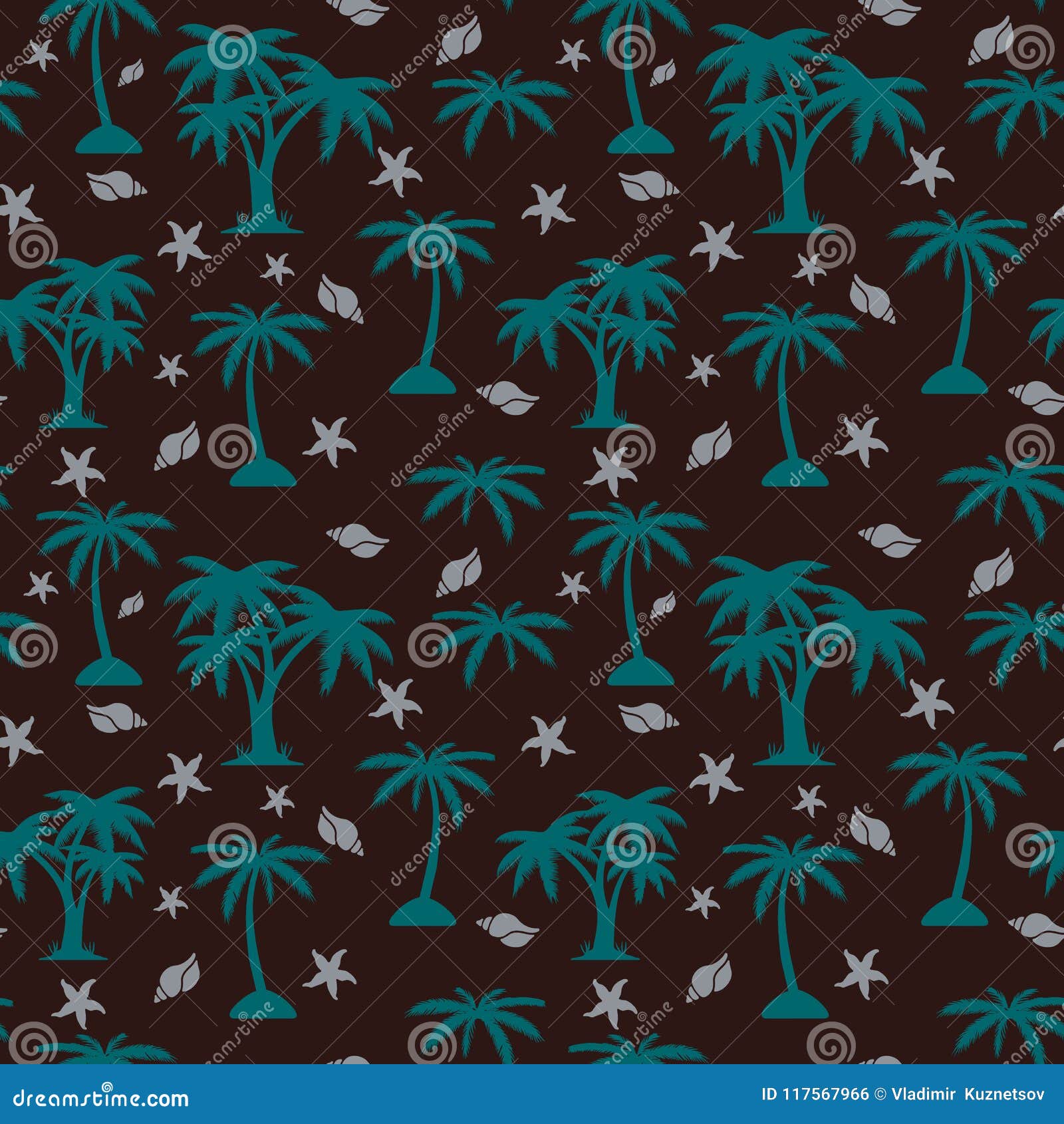 Seamless Pattern, Palm Tree and Seashells on Brown Background, Stock ... Seamless Pattern, Palm Tree and Seashells on Brown Background, Stock ...