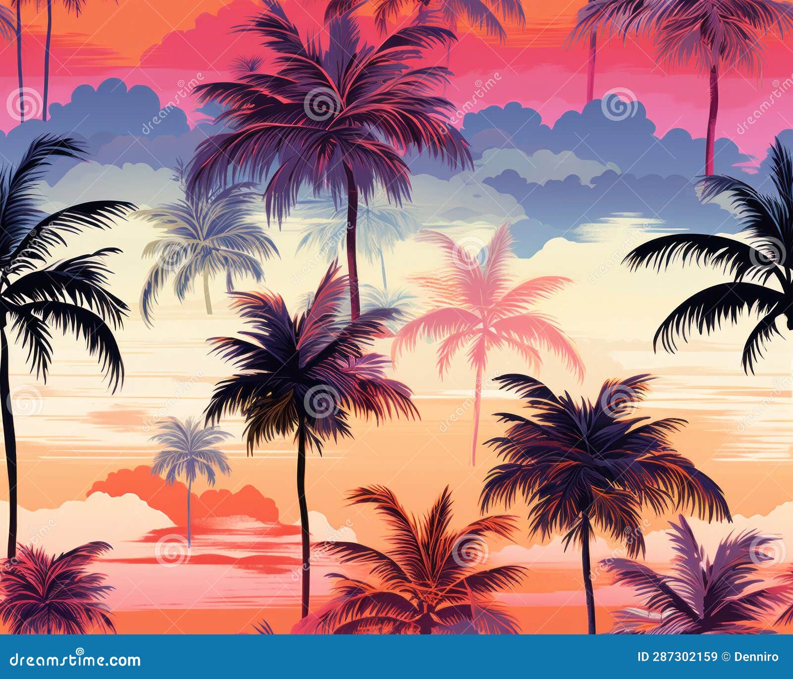 Seamless Pattern of Palm Trees on Sunset Stock Illustration ...