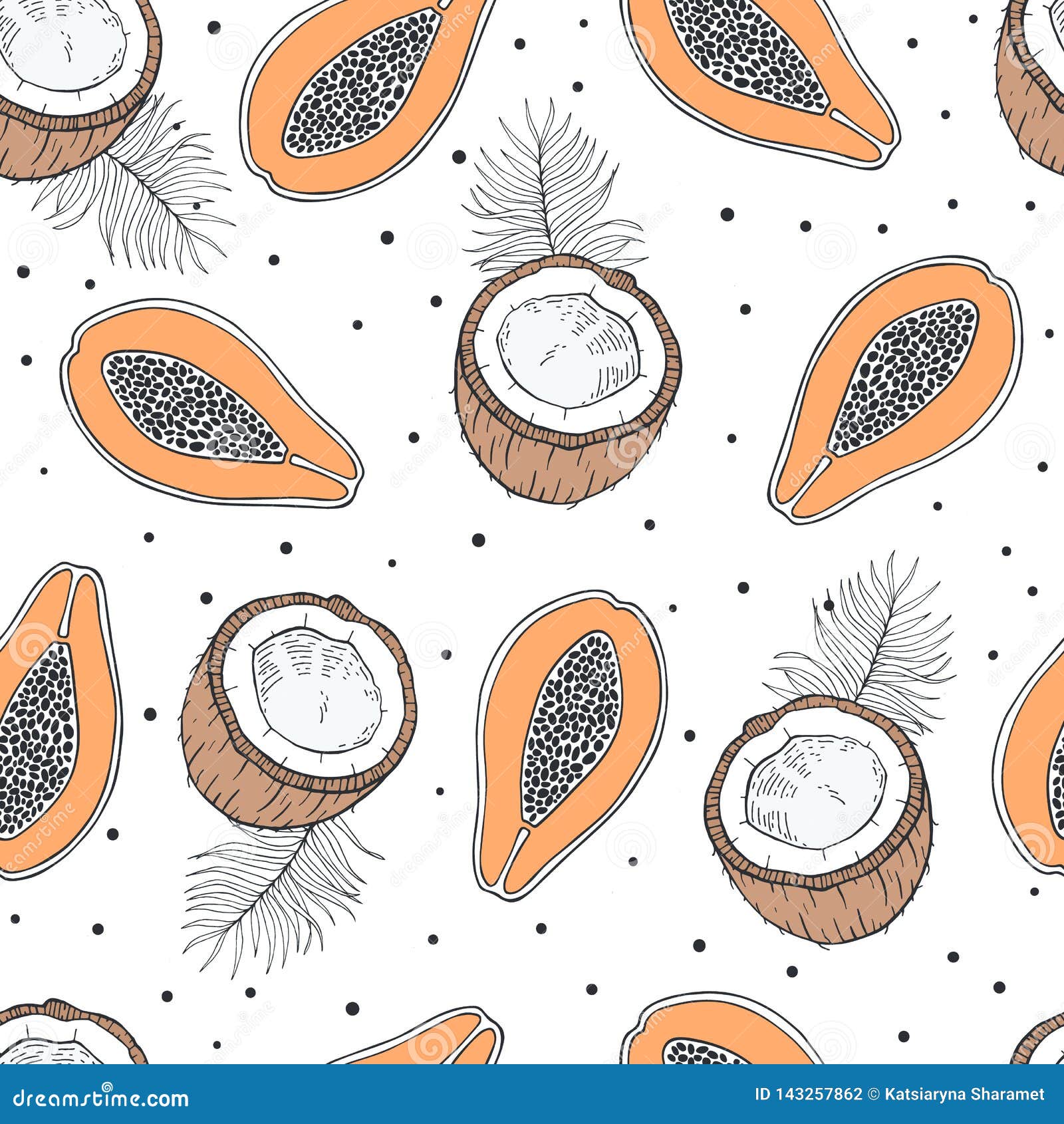 Seamless Pattern with Papayas, Coconuts and Palm Leaves. Hand Drawn ...