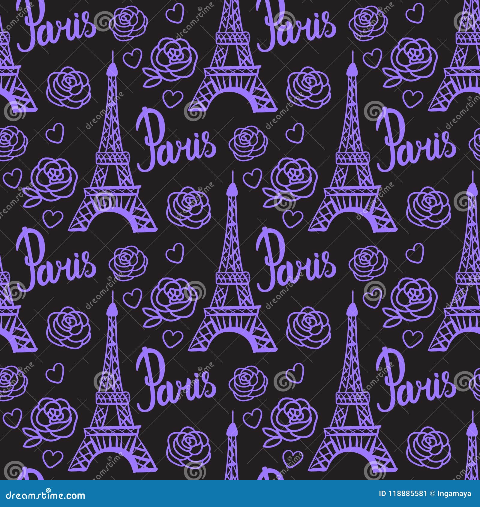 Vector Seamless Pattern Paris Eiffel Tower on Dark Stock Vector ...