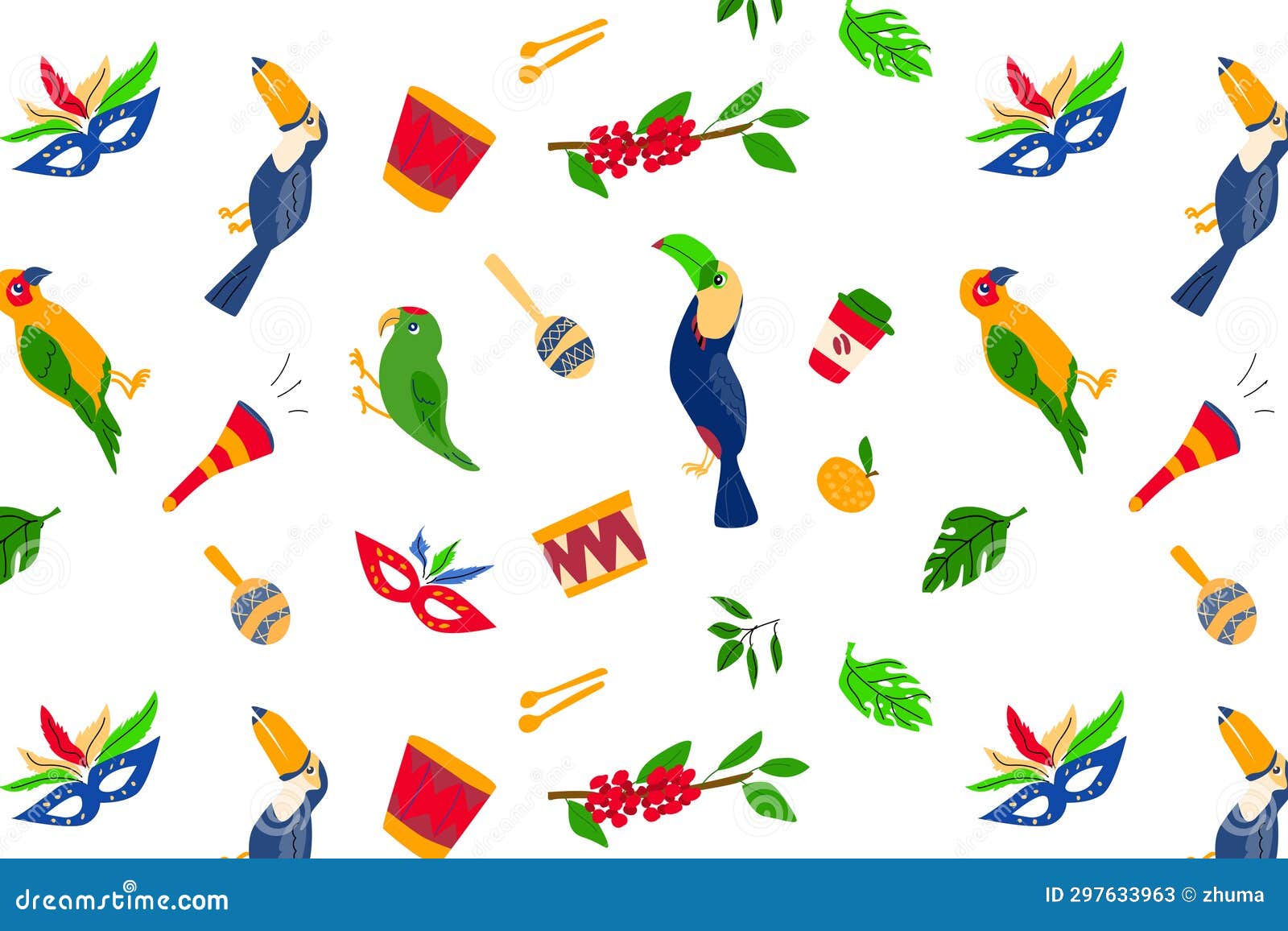 Seamless Pattern with Parrots, Toucans, Mask Stock Vector ...