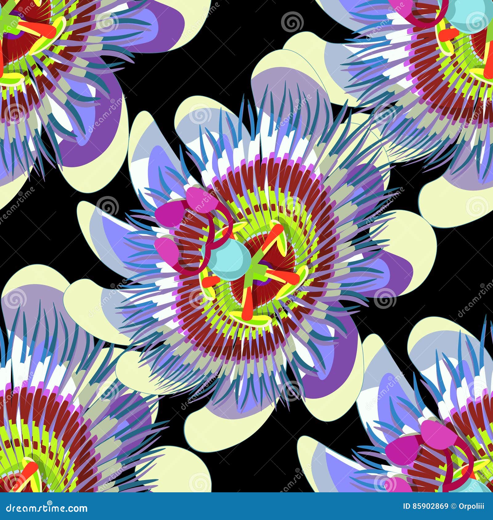 Seamless Pattern Passion Flower Blue Tropical Fruit Vector Stock Vector ...