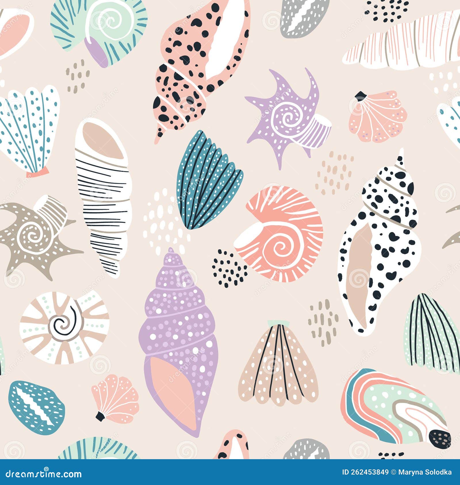 Seamless Pattern with Pastel Hand Drawn Seashells. Creative Marine ...