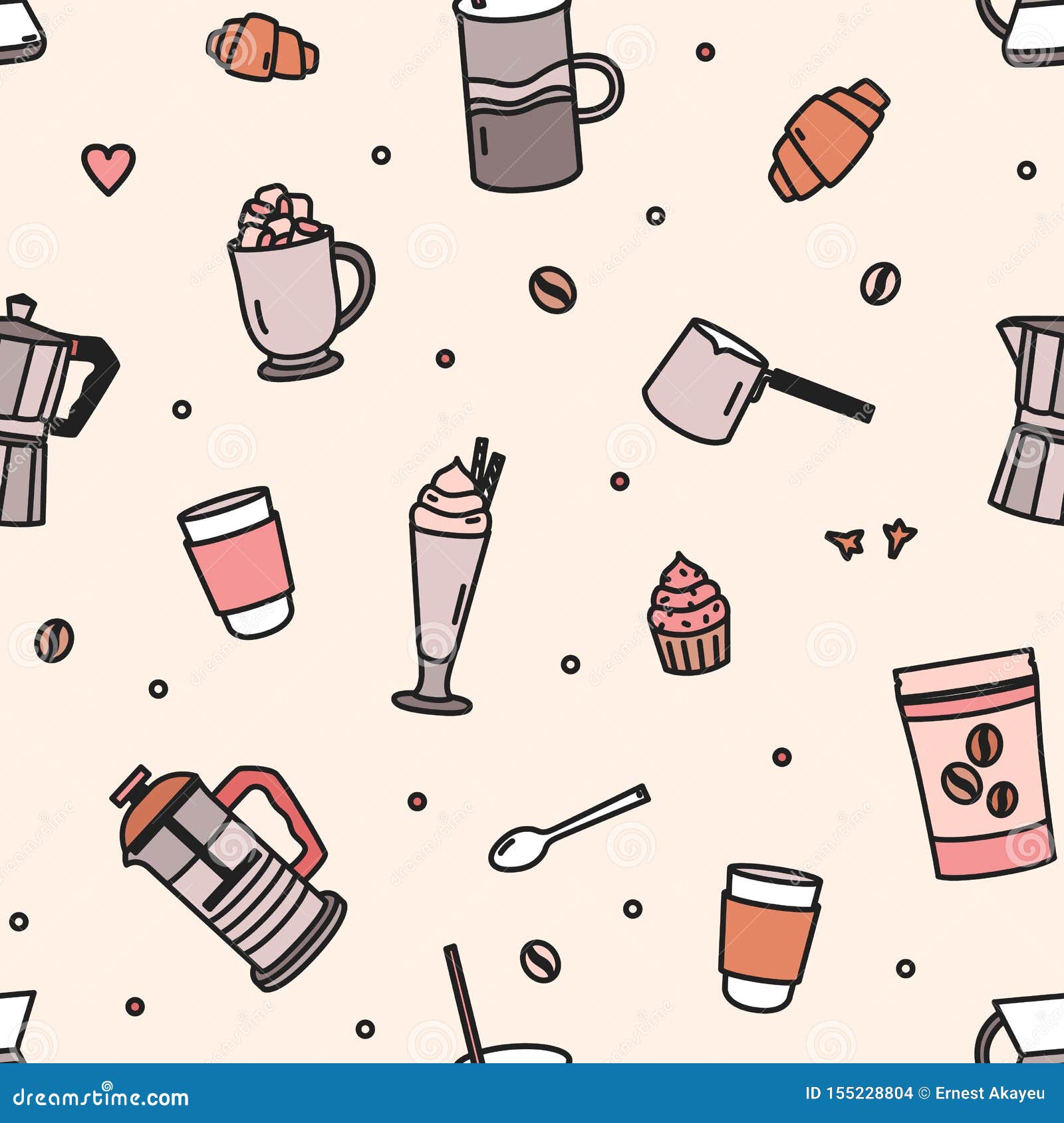 Seamless Pattern with Pastry, Milkshake, Tools and Utensils for Coffee ...