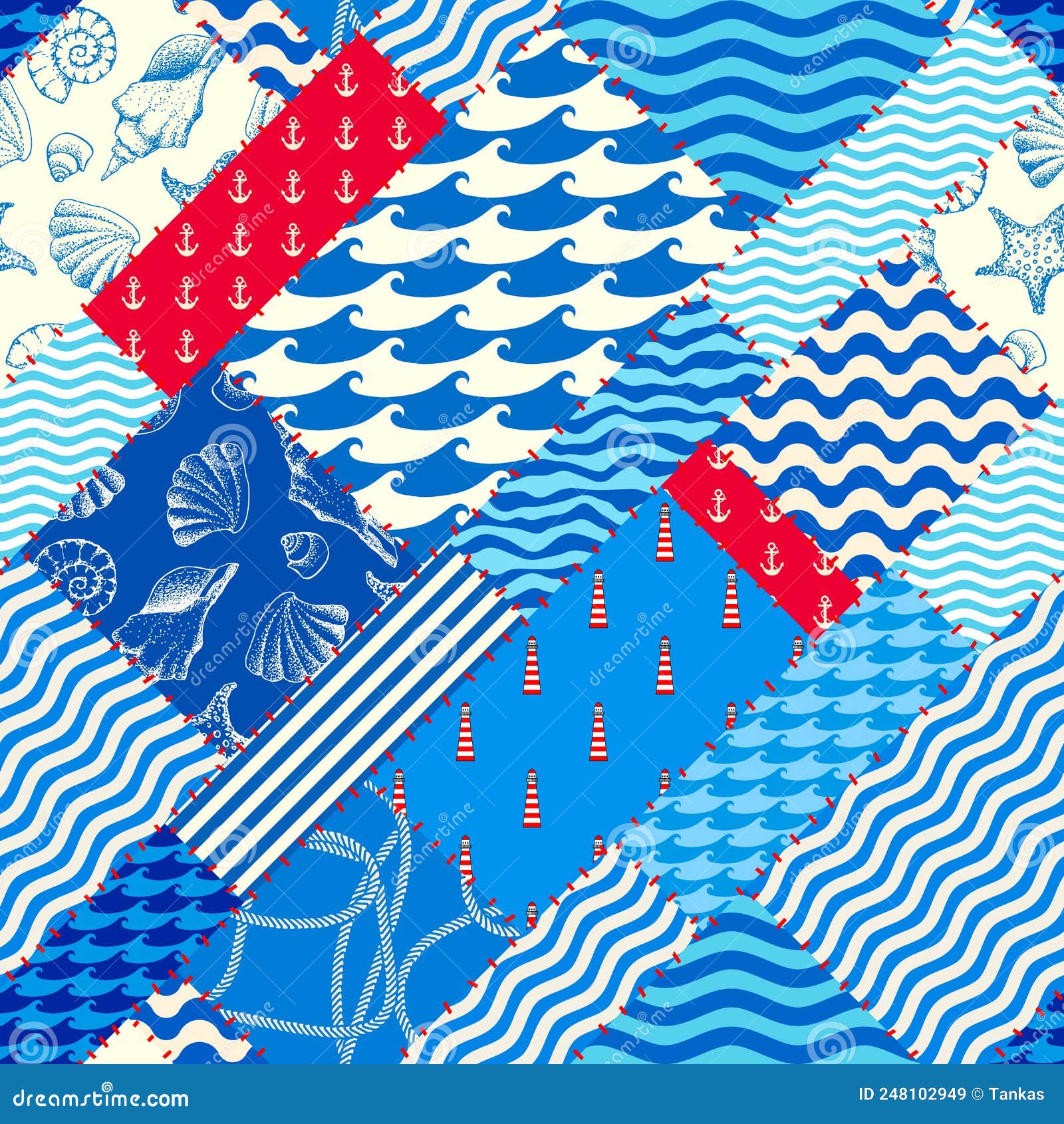 Patchwork Seamless Pattern in Marine Style. Art Seamless Background ...