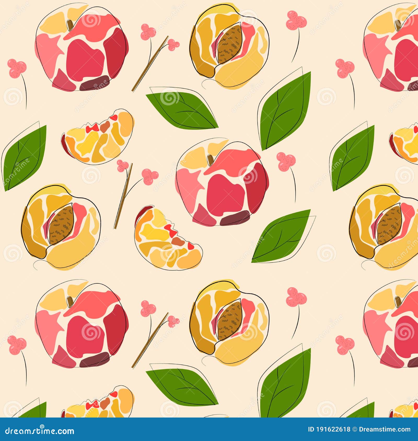 Seamless Pattern with Peach, Flower and Leaves. Stock Vector ...