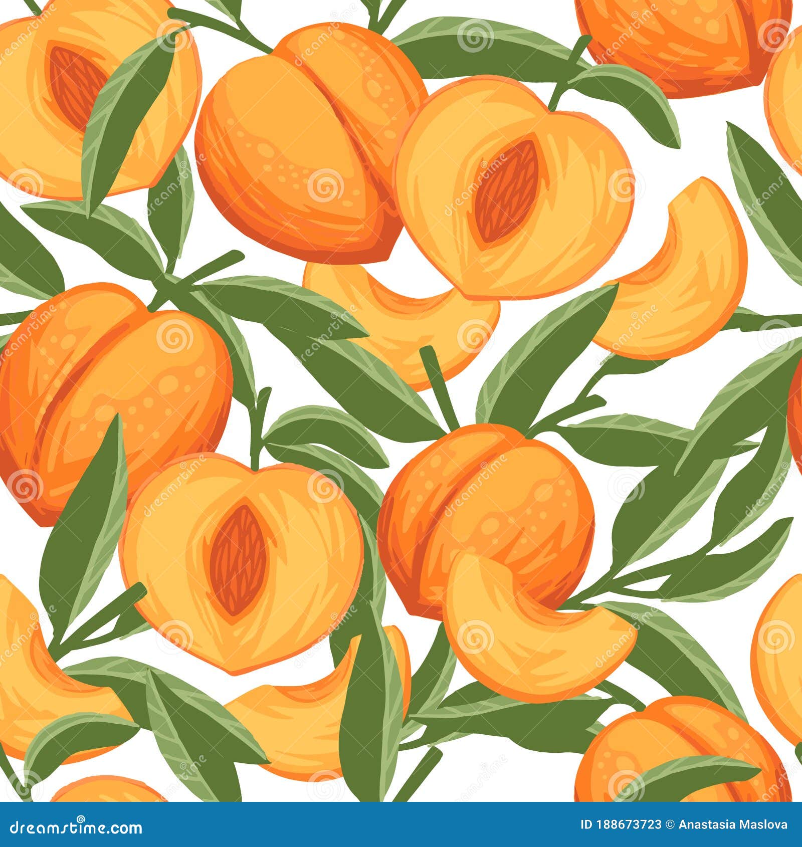 Seamless Pattern of Peach Whole and Sliced with Green Leaves Flat ...