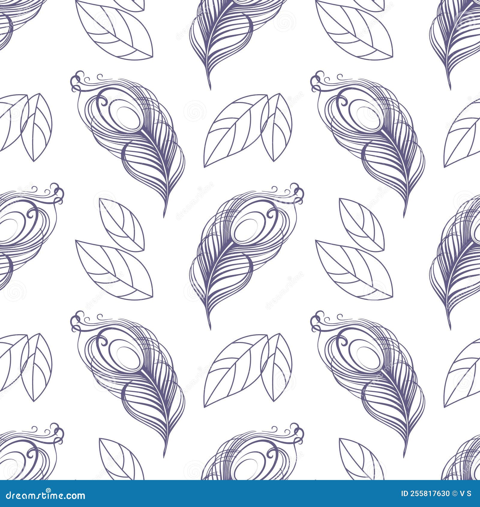 Seamless Pattern, Peacock Feathers and Contour Leaves on a White ...