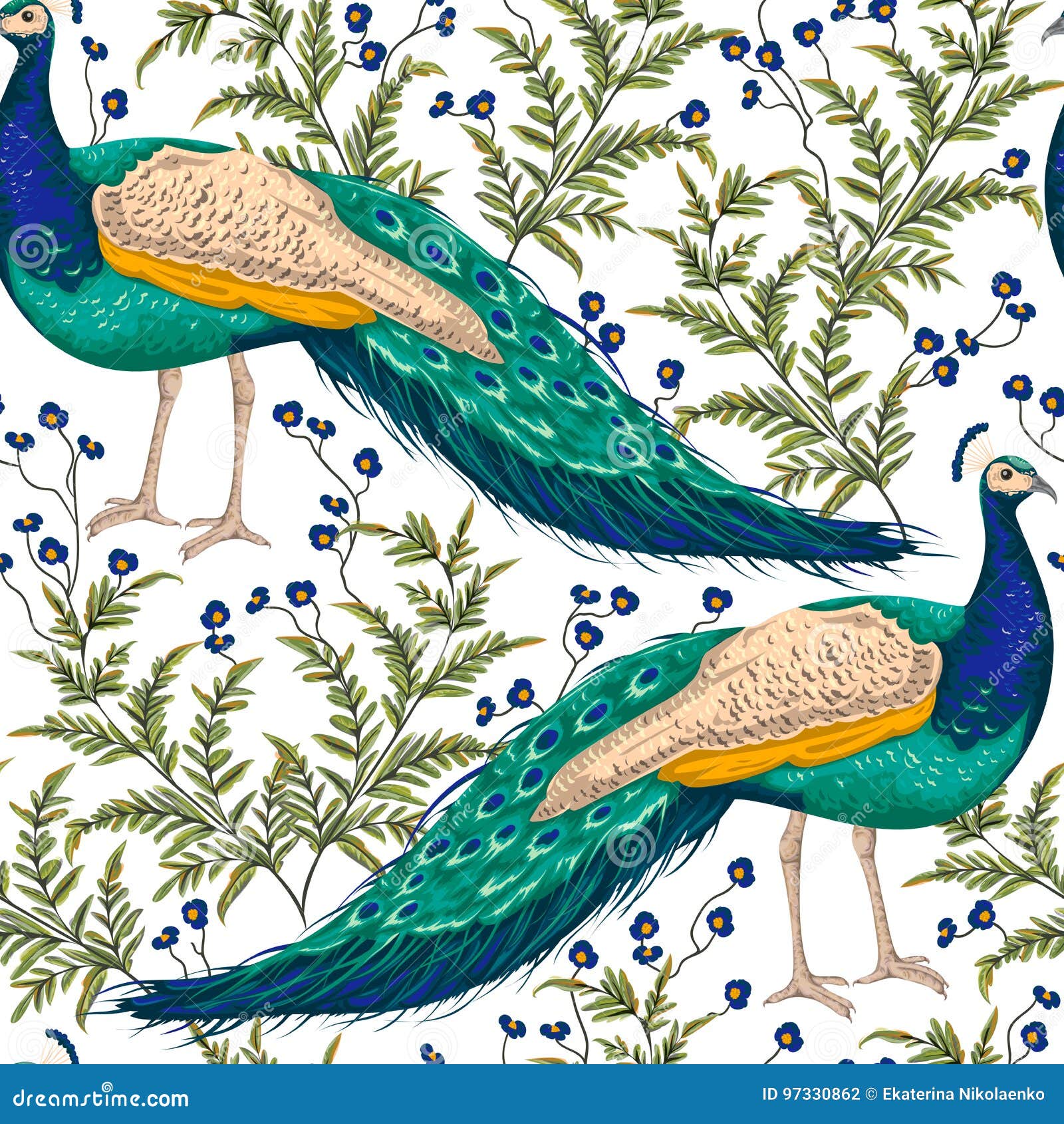 Seamless Pattern With Peacock Flowers And Leaves Stock Vector